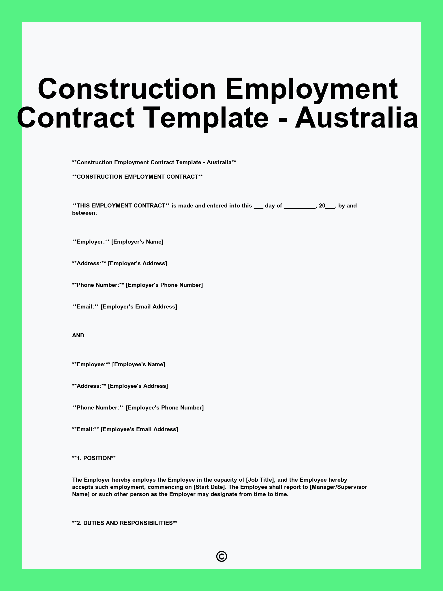 Construction Employment Contract Template - Australia